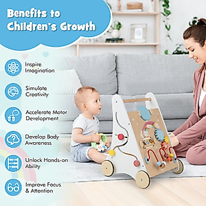 BABY JOY Wooden Baby Walker, Push and Pull Sit-to-Stand Learning Walker Activity Center, Toddler Montessori Educational Toy, Develops Motor Skills & Stimulates Creativity, Push Walker for Boys Girls