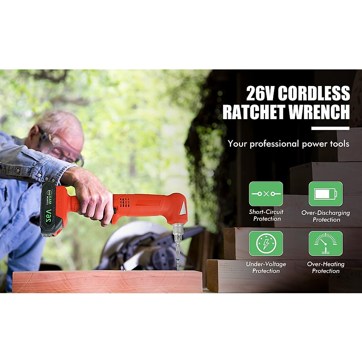 gangqiao Cordless Electric Ratchet Wrench, 90° Angular Impact 3/8 inch 88.5Ft-lbs 2100 RPM 26V Power Ratchet Wrench Kit w/ 2-Pack 3.0Ah Lithium-Ion Batteries 30-Min Fast Charge Variable Speed Trigger