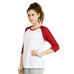Cottonbell Women's Baseball Quarter Sleeve Tee Shirt (L, White/Red)