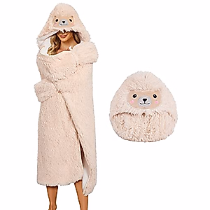 Yusongirl Wearable Hooded Blanket for Adults Super Soft Sherpa Hoodie Throw Winter Warm Fleece Cozy Plush Animal Cape (Alpaca - Beige)
