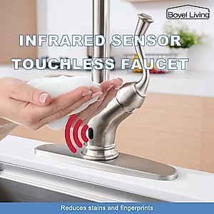 Boyel Living Touchless Kitchen Faucets with Pull Down Sprayer in Brushed Nickel,Stainless Steel，3 Function Water Outlet Sink Faucet with Flexible Hose