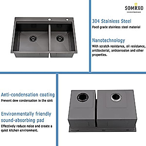 SOMRXO 28 Black Stainless Steel Kitchen Sink Double Bowl 28x22 Drop In Kitchen Sink Workstation Ledge 16 Gauge Gunmetal Black Kitchen Sink Topmount 10" Deep 40/60 Low-Divide Double Bowl Kitchen Sinks