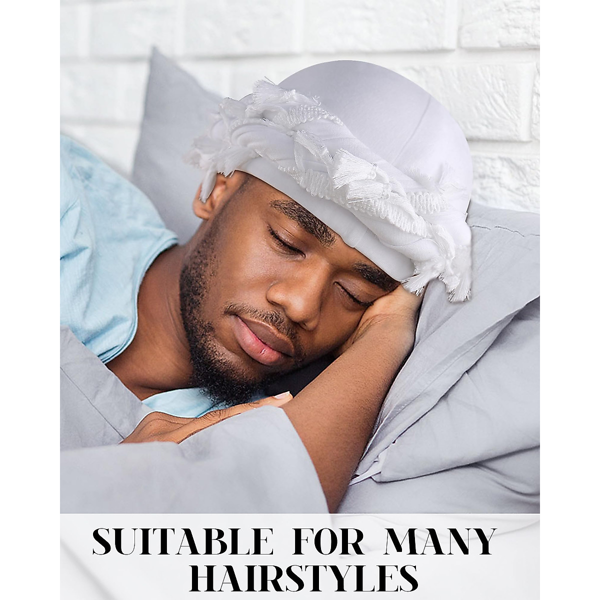 Ababalaya Adjustable Satin Lined Halo Turban Durag for Men &Women, Twisted Tassel Head Wraps, Beanie Hats for Hair Loss, White, 1 PCS