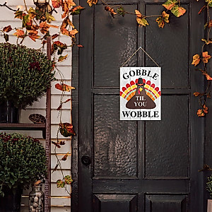 Thanksgiving Wall Art Decor, Thankful Decorations Fall Hanging Sign for Home Front Door Porch Turkey Farmhouse Autumn Thanksgiving Rustic Decor Wooden Plaque, Gobble Til You Wobble