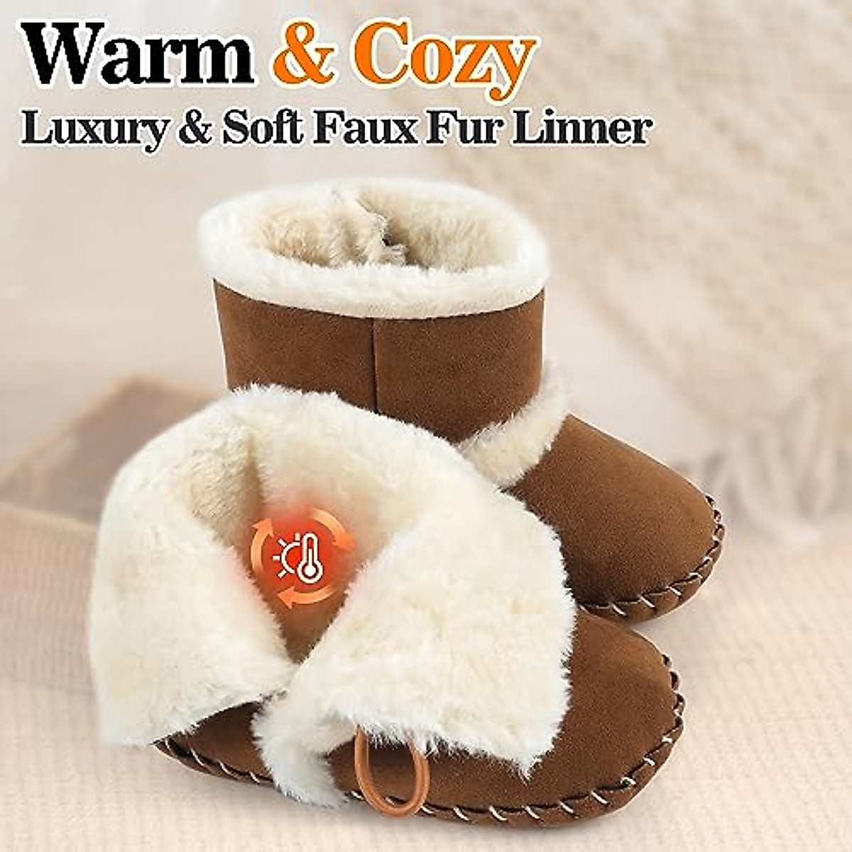 HONGTEYA Baby Snow Boots with Fleece Fur Inner, Baby Girl Booties with Anti Slip Rubber Hard Sole, Toddler Boots Shoes for Boys Girls 0-24 months Warm Winter Infant Newborn Crib Baby Shoes