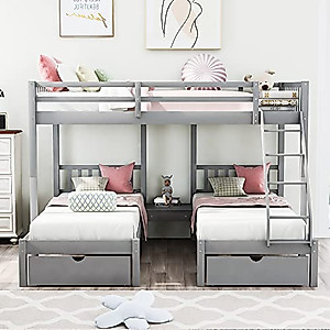 RUNWON Full Over Twin Wood Triple Bunk Bed with 2 Drawers for Kids Adults Bedroom,Detachable to 3 Platform Beds,No Box Spring Needed