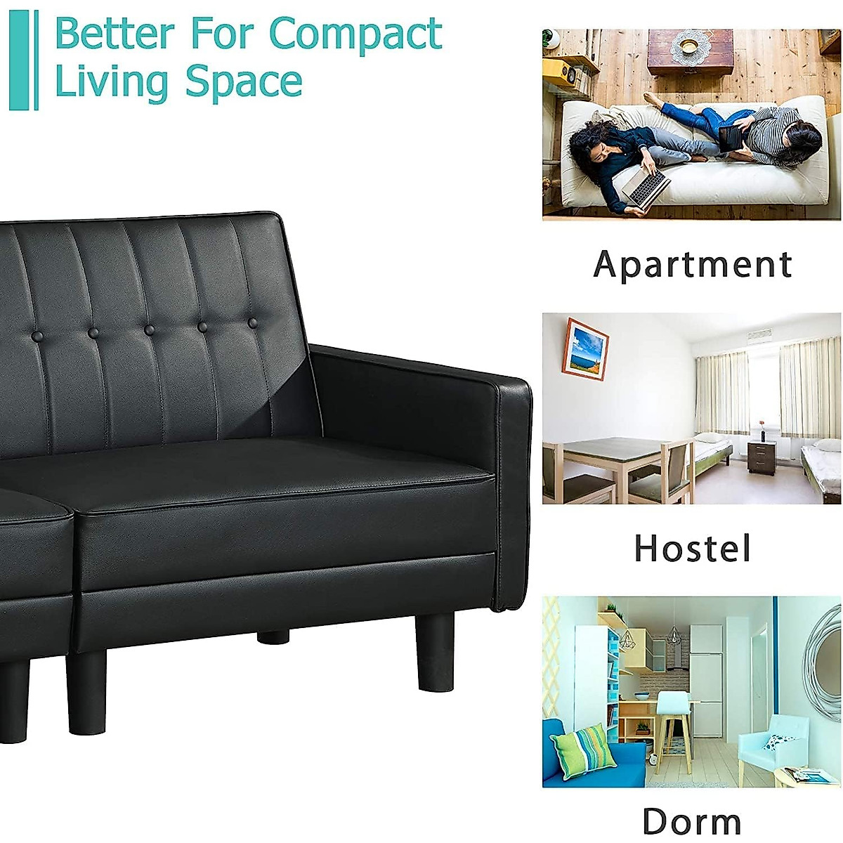 OQQOEE Convertible Sofa Faux Leather Futon Sofa Bed Adjustable Upholstered Sofa Couch Folding Lounge Loveseat with Side Pockets for Living Room,Bed Room