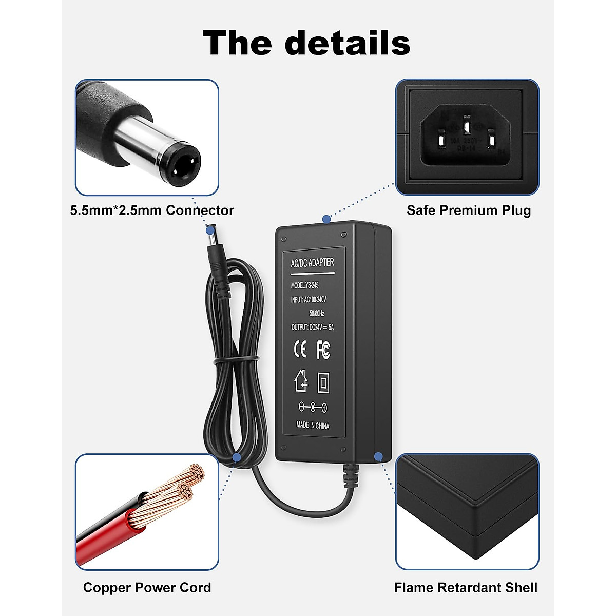 24V DC Power Supply Adapter 5A 120W 24Volt Power Adapter 100-240V 50-60Hz AC to DC Converter 24V5A Switching Power Supply Transformer, DC Outlet Plug 5.5mm x 2.5mm & 3-Prong AC Cable