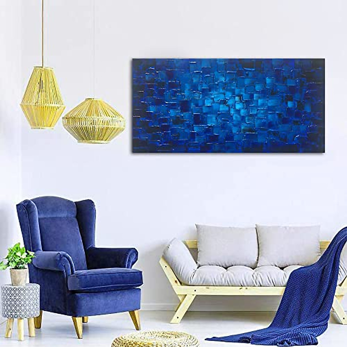 Gongyuanyihao Arts Modern Textured Abstract Squares Canvas Wall Art Hand Painted Artwork Dark Blue Oil Painting Picture for Home Decoration Framed Ready to Hang 48x24inch