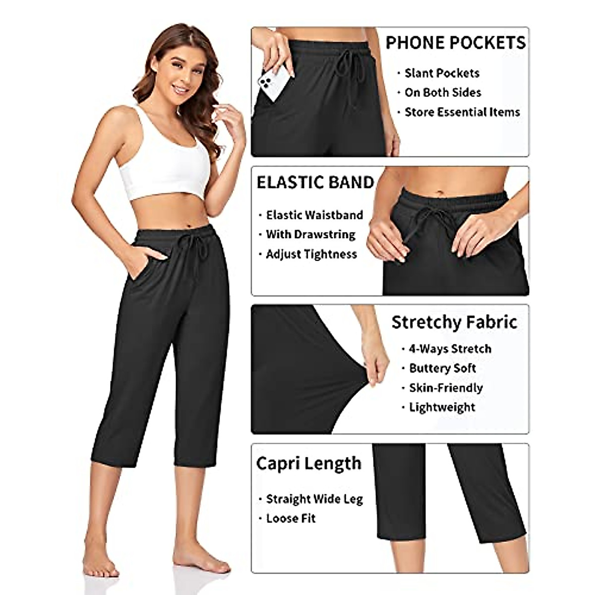 TARSE Women's Capri Yoga Pants Stretch Lightweight Running Jogging Pants Casual Comfy Pull On Capris Pockets Sweatpants (Black,M)