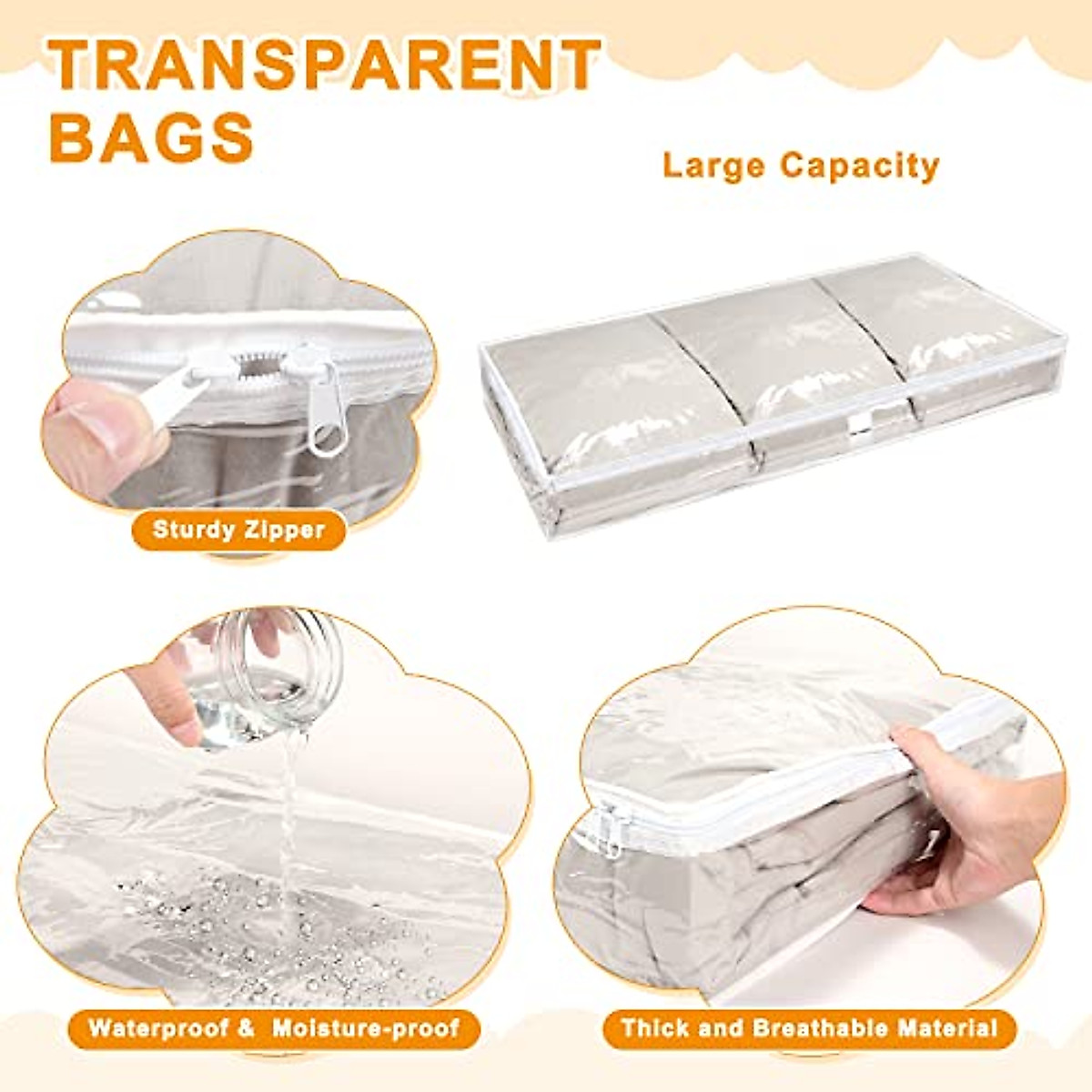6 Pieces Clear Zippered Storage Bags Underbed Containers 70L Clothes Sweater Sheet Bags Wrapping Paper Bags PVC Transparent Toy Closet Drawer with Handles for Linen Bedding Comforters Blanket Pillow