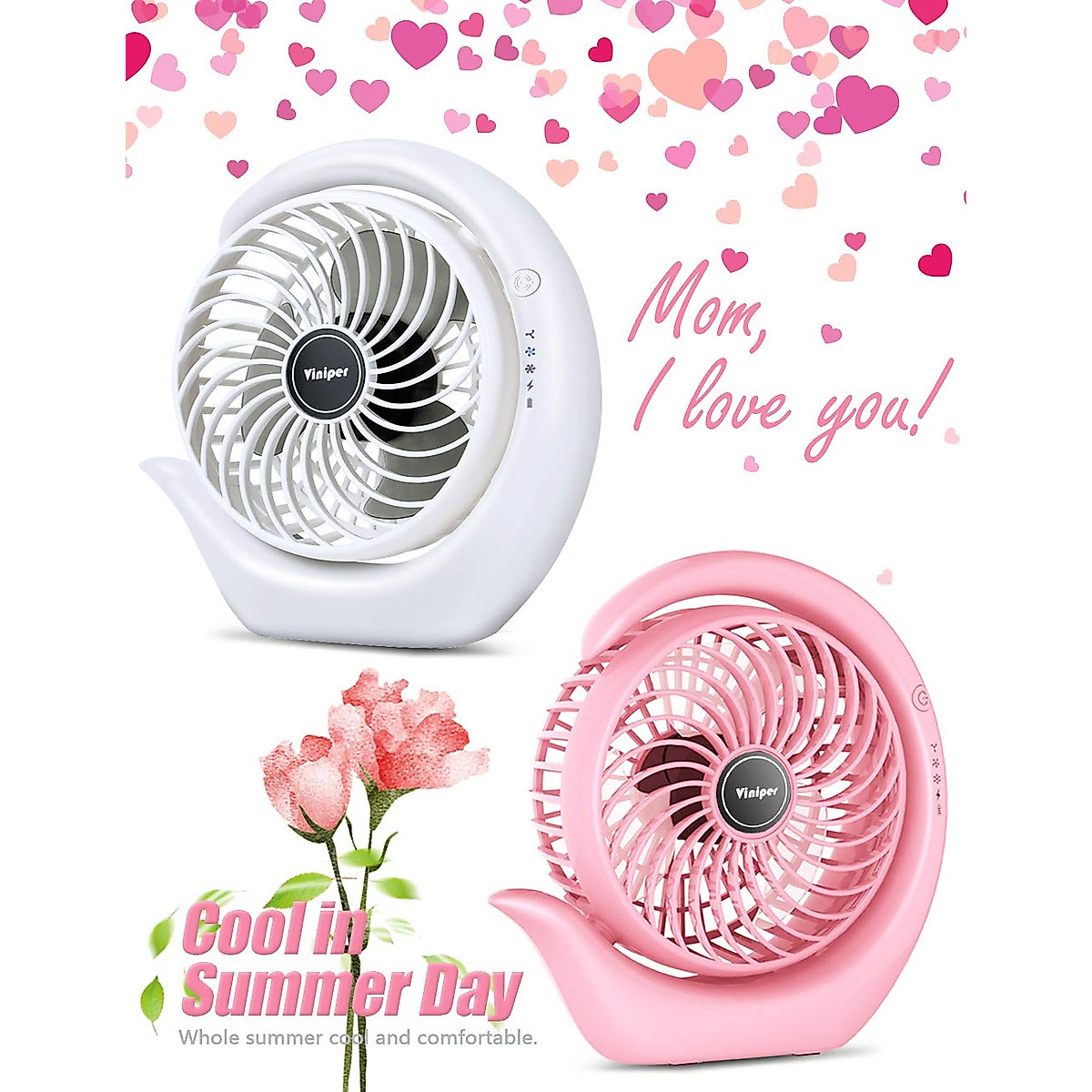 Viniper Portable Rechargeable Fan, Small Desk Fan : 3 Speeds & about 8-24 Hours Longer Working, 180 Rotation, Portable Desktop Fan Small but Mighty, Strong Wind (White, Light Black Blade)6.2 Inch