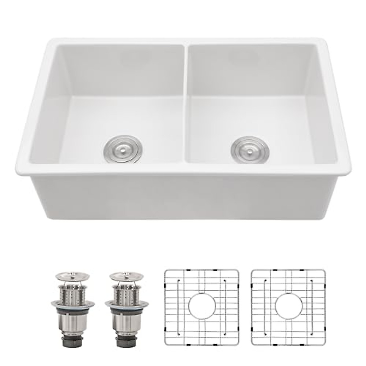 Dcolora 32 Inch White Fireclay Kitchen Sink Porcelain Double Bowl 50/50 Split Undermount Sinks Dual Mount Ceramic Sink Under Counter DC-U7737