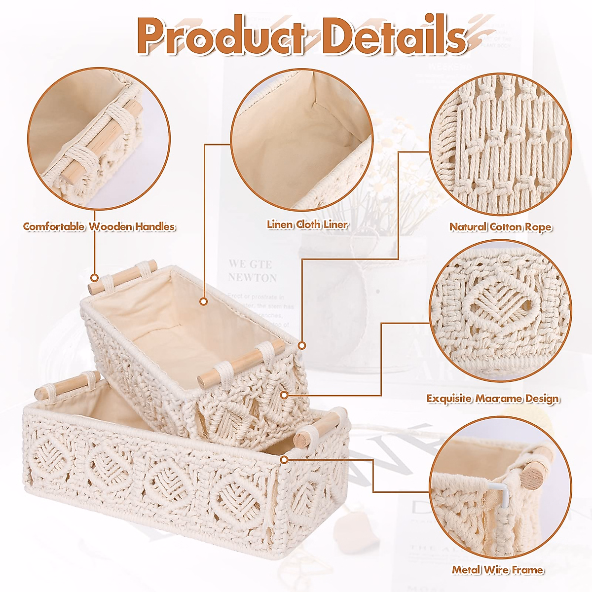 FLMOUTN 2Pcs Macrame Storage Baskets, Handmade Woven Boho Decor Baskets with Wooden Handles, Small Boho Countertop Organizer Bins Boxes for Bedroom Living Room Nursery