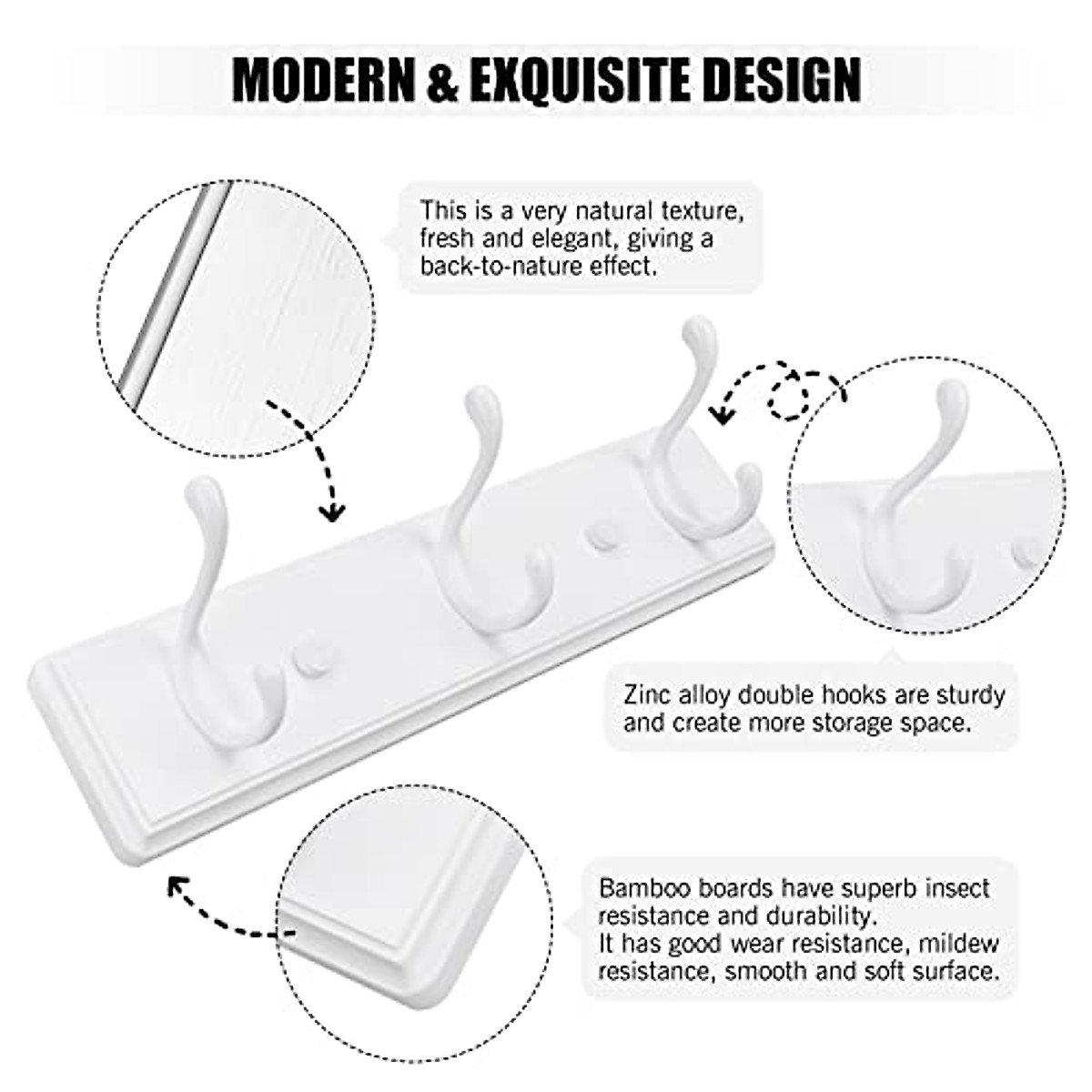 Wooden Wall Mount Coat Rack, Mounted Organizer for Closet, Bathroom, Bedroom, Entryway, Hallway, Foyer, Heavy Duty Double Hooks Hanging Towels, Hats, Bags, Backpacks, Jackets, Keys (White, 3 Hooks)