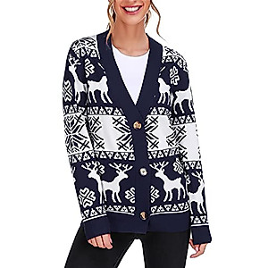 Cowasto Women's Reindeer Knitted Christmas Cardigan Sweater Comfy Button Up Casual Open Front Festive Sweaters Navy Blue X-Large
