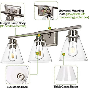 hykolity 3-Light Bathroom Light, Brushed Nickel Vanity Light Fixtures, Bathroom Wall Sconce Lighting with Clear Glass Shades, ETL Listed (Bulb not Included)