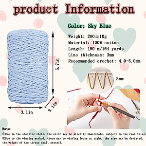 1 PCS 200g Sky Blue 100% Cotton Yarn Hollow Knitted Crochet Yarn,164 Yards Fabric Yarn Round Rope Yarn for DIY Handbag Purse Basket Cushion Crochet Bag