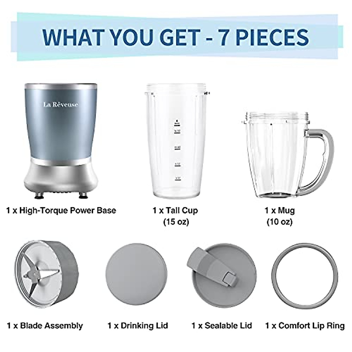 La Reveuse Personal Size Blender 250 Watts Power for Shakes Smoothies Seasonings Sauces with 1 Piece 15 oz Cup,1 Piece 10 oz Mug,BPA Free (Pearl Blue)