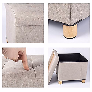 BRIAN & DANY Foldable Storage Ottoman Footrest and Seat Cube with Wooden Feet and Lid, Khaki 15” x15” x14.7”