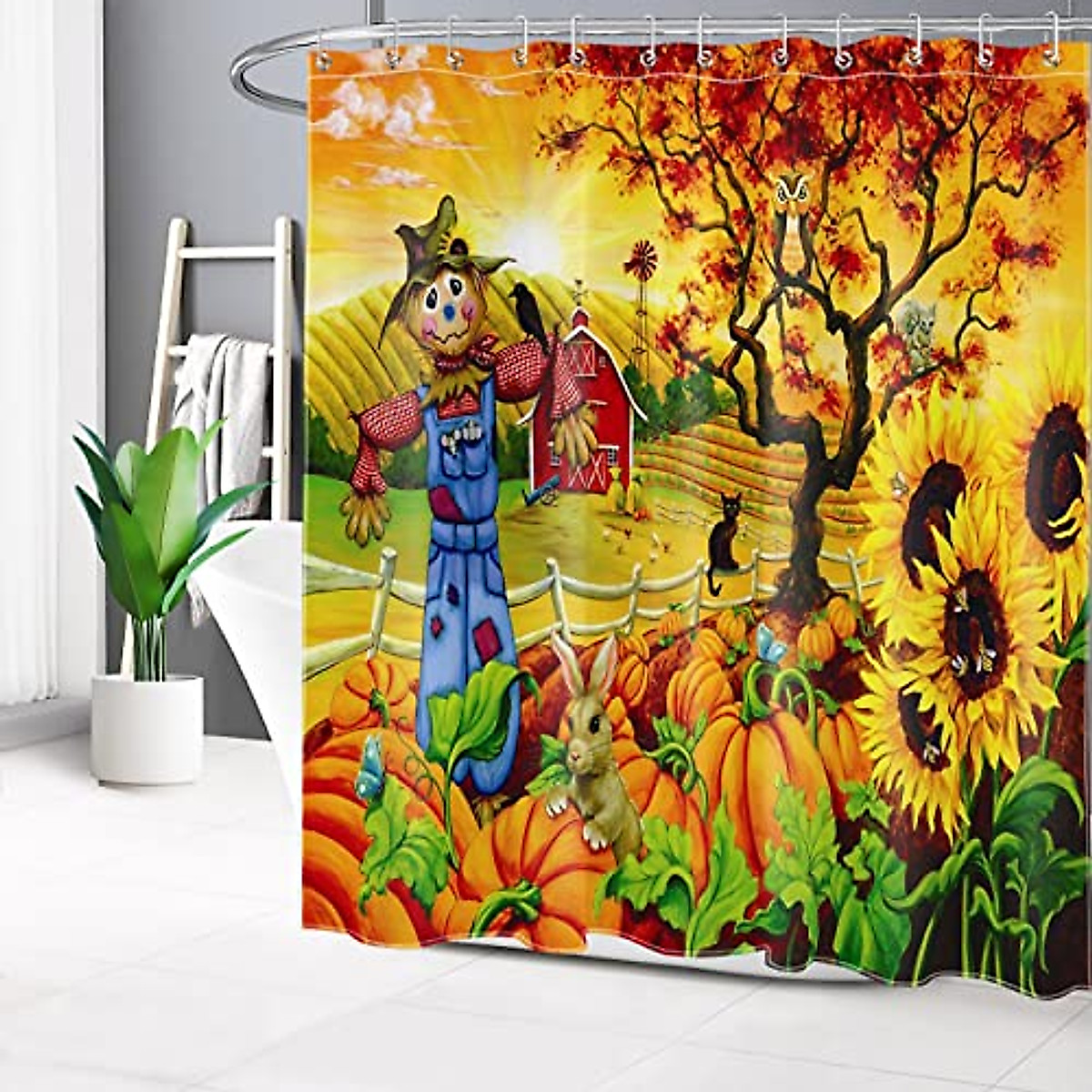 ECOTOB Fall Scarecrow Pumpkin Shower Curtain Set Scarecrow and Sunflowers Pumpkin with Butterflies Bath Mat and Shower Curtain Farmhouse Autumn Bathroom Decor Accessories, 72x72 Inches