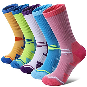 FNOVCO Women's Hiking Walking Running Crew Socks Thick Cushioned Athletic Compression Socks 5 Pairs (Multicolor 02, 8-10)