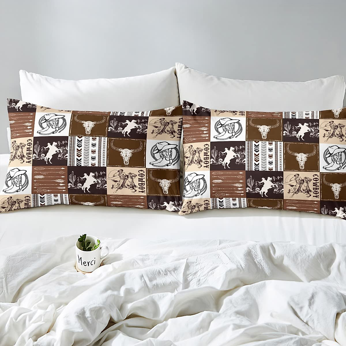 Western Cowboy Kids Duvet Cover Set Queen Size, Bull Skull Horse Arrow Print Quilt Cover with 2 Pillowcases, American West Brown Lattice Patchwork Bedding Cover for Boys Teens Room Decor, No Filler