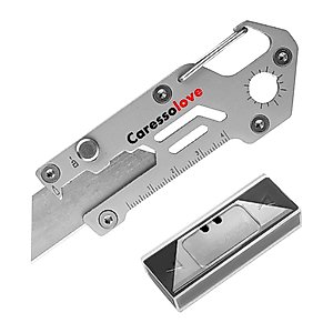 Caressolove 6-in-1 Razor Blades Utility Knife, Retractable Box Cutter, Multitool Knife with Bottle Opener, Hex Wrench, Rule, Water Compass, Cardboard Cutter Small Pocket Knife, 10 Extra Blades