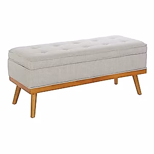 OSP Home Furnishings Katheryn Storage Bench with Tufted Seat and Wood Finish Legs, Grey Fabric