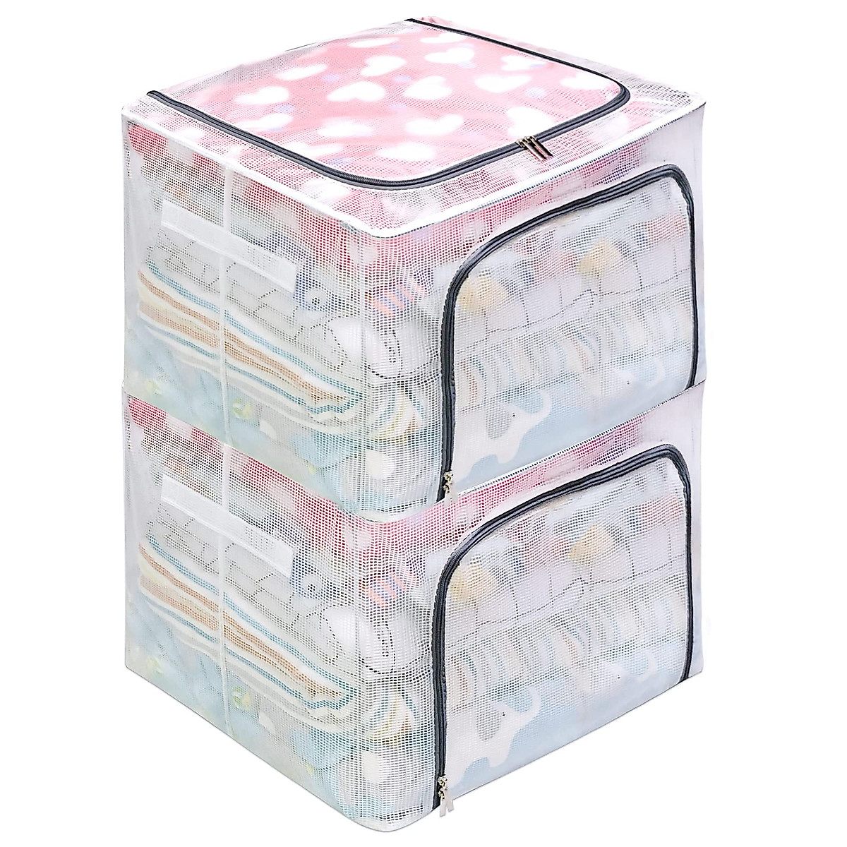 PENGFULL 2 Pack PVC Clear Window Storage Bins,Large Foldable Storage Bins Boxes with Steel Frame, Stackable Container Organizer Set with Carrying Handles,2 Clear Windows,Front Window Take Out, 66L
