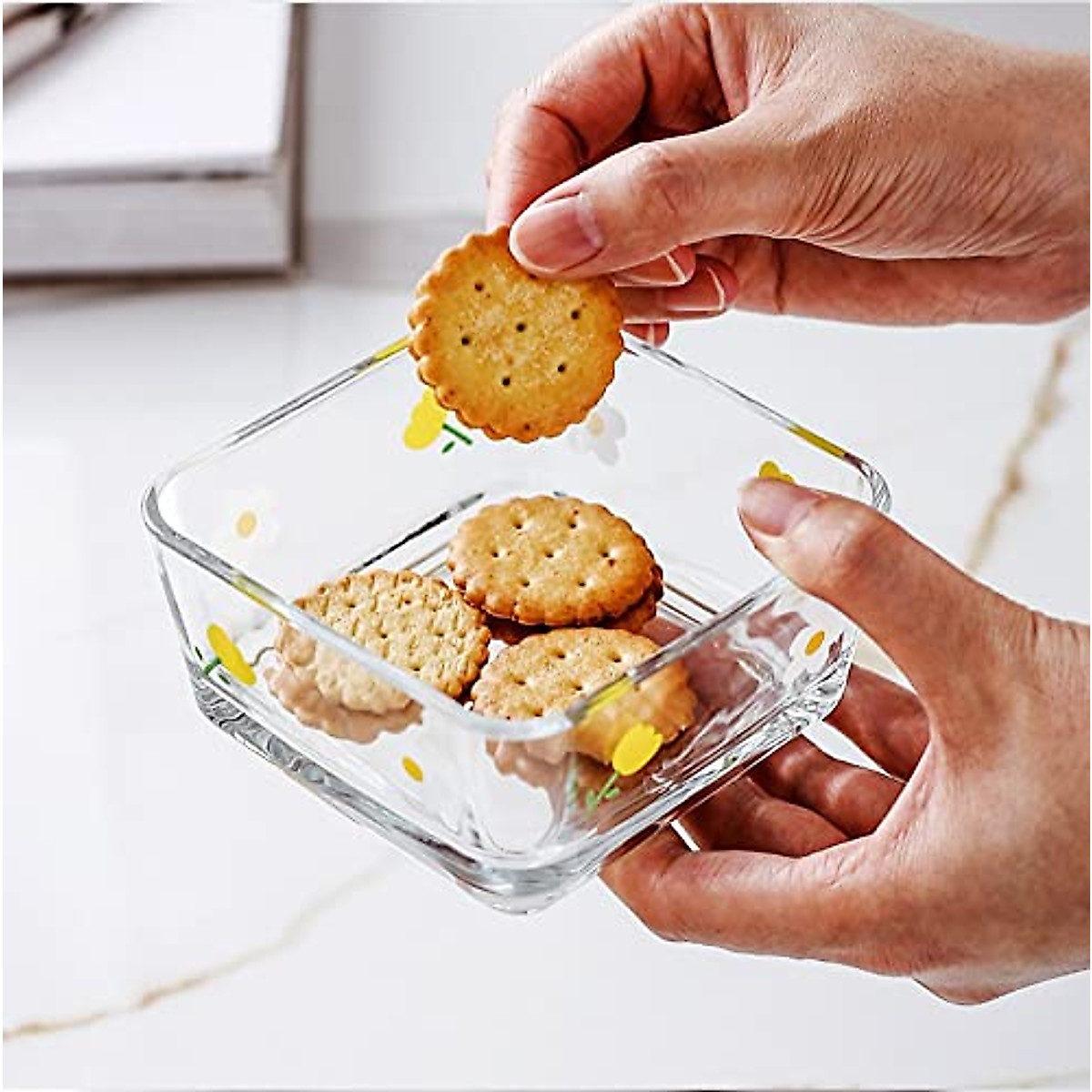 yaocoral 2 Pack 9 OZ Mini Floral Candy Dish Small Glass Candy Bowl for Dessert,Snack,Fruit,Yogurt,Dipping,Side Dishes,Kitchen Prep,Clear Square Serving Bowls