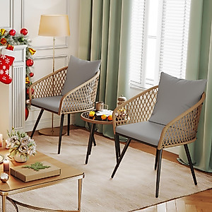 3 Piece Patio Furniture Bistro Set, Outdoor All-Weather Rattan Conversation Set for Garden Balcony Backyard Poolside (Yellow+Gray)