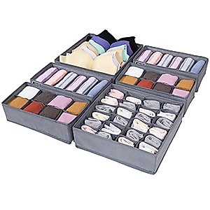 FAMALAHEE 6 Set Underwear Organizer Bra Ties Sock Drawer Divider Panty Belts Clothes Scarves Clothing Foldable Storage Organizer for Bedroom (Grey)