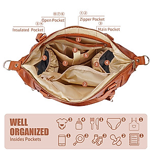 Johomviin Diaper Bag Tote Fashion Leather Diaper Bag Backpack with 13 Pockets for Mom Dad, Large Travel Baby Bag Purse for Boys Girls with 3 Insulated Pockets, Changing Station - Brown