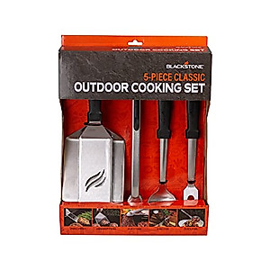 Blackstone 5045 Flat Top Griddle Accessories 5 Pieces Tool Kit - Heat Resistant BBQ Grilling Utensils- 5" Wide Hamburger Spatula, 3" Wide Spatula, 14" Tongs, 14" Serving & Basting Spoon, 14" Fork