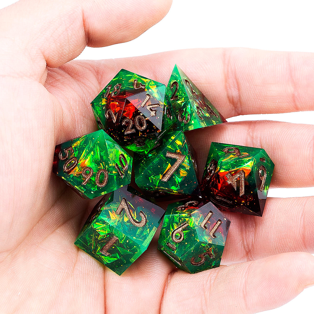 DND Dice Sharp Edge Dice Polyhedral Dice Mini Planet Dice Dungeons and Dragons Dice Handmade Dice Set Peachy Galaxy (Jungle FIRE)