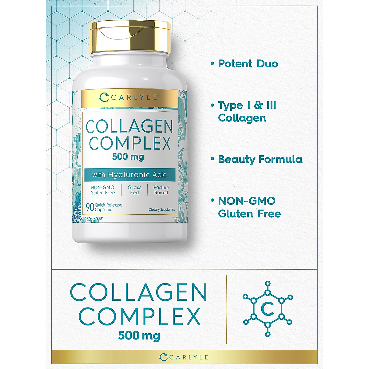 Carlyle Collagen Pills with Hyaluronic Acid 500mg | 90 Capsules | Hydrolyzed Collagen Supplement | Non-GMO, Gluten Free