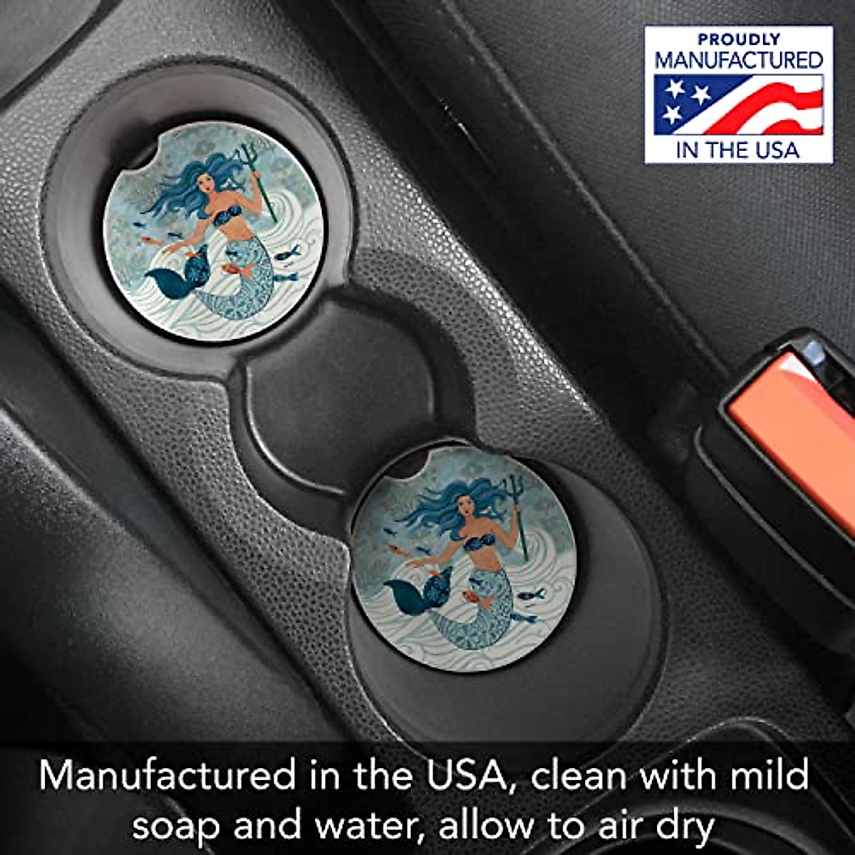 CounterArt Mermaid Island 1 Pack Absorbent Stone Coaster for Vehicle Cup Holder 2.6” Diameter Manufactured in The USA