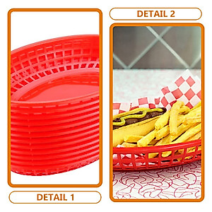 Luxshiny 6pcs Fast Food Baskets Plastic Oval Food Serving Tray Reusable Bread Fry Basket Burgers Storage Plates Fruit Baskets for Hot Dogs Sandwiches Chip Barbecues Picnics Red