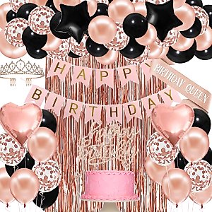 Birthday Decorations for Girl Women - Birthday Crown, Sash, HAPPY BIRTHDAY Banner , Cake Topper for Girl Women 18th 19th 21st 33th 40th 50th 60th 70th Birthday Decorations for Her Rose Gold