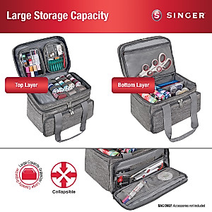 SINGER Sewing Accessories Organizer (Bag Only) – Double Layer Portable Sewing Storage Bag | 2 Detachable Pouches and 18 Compartments, Large Sewing Supplies & Crafting Carry-all (Gray)