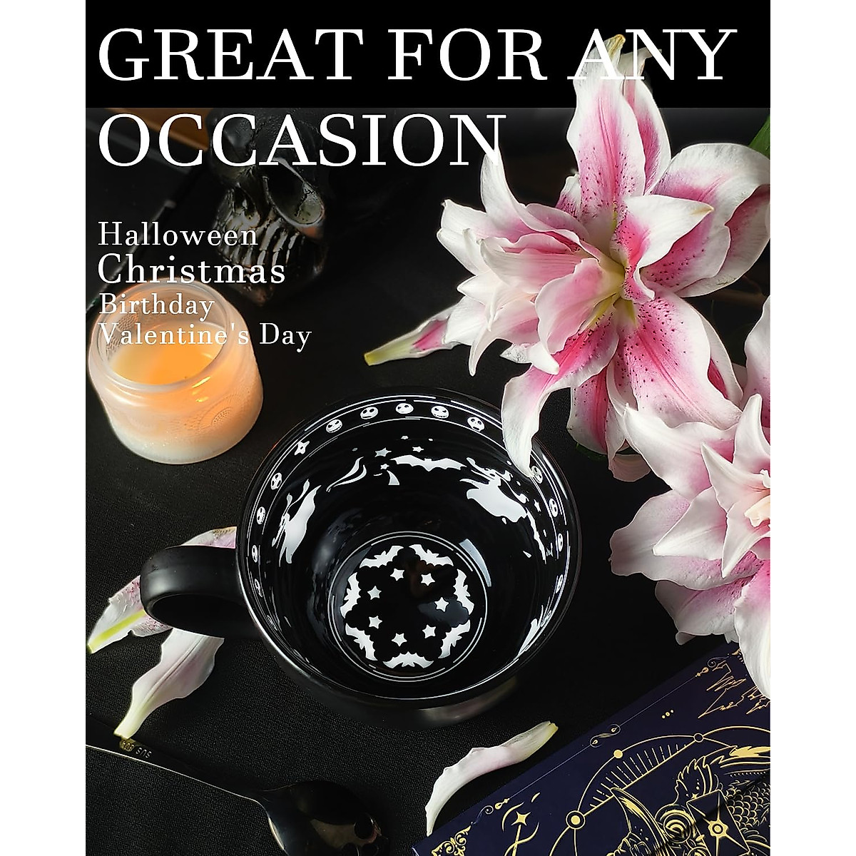 Christmas Gifts, Nightmare Midnight Skull Coffee Mugs with Spoons, Halloween Birthday White Elephant Weird Gifts for Women Men Girl Friends, Halloween Spooky Witchy Gothis Decor Horror Novelty Tea Cup