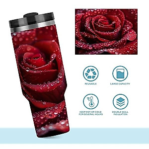 FRCSDIY Beautiful Rose Insulated Tumbler with Handle and Straw Lid,30oz Leakproof Stainless Steel Cup BPA-Free Water Bottle