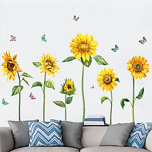 decalmile Large Sunflower Wall Decals Garden Flower Butterfly Wall Stickers Bedroom Living Room Home Office Background Wall Decor