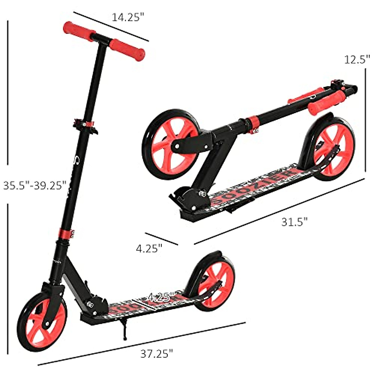 Soozier Folding Kick Scooter for 12 Years and Up for Adults and Teens, Push Scooter with Height Adjustable Handlebar, Big Wheels and Rear Wheel Brake