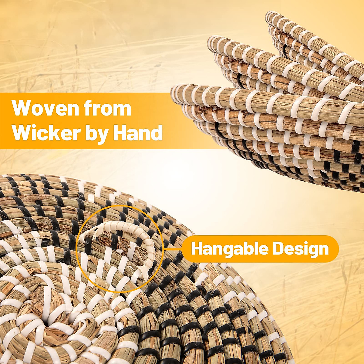 Set of 3 Decorative Wall Basket - Boho Hand Woven Rattan Hanging Decor Round Flat Wicker Baskets for Home Living Room Housewarming Gift