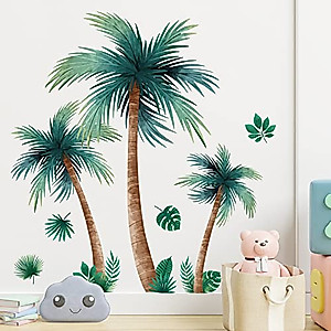 Amaonm 3D Removable Tropical Rainforest Wall Sticker Brown Tree Green Leaves Wall Decal DIY Peel and Stick Coconut Tree Wall Decor for Kids Girls Boys Bedroom Living Room Nursery Classroom Playroom Wall Background Decoration