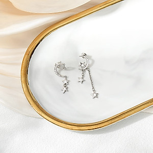 MESOVOR Moon Star Dangle Earrings, 16K Gold Plated Drop Tassel | Sparkling Zirconia Asymmetrical Earrings for Women (Silver)