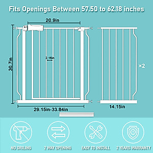 WAOWAO Extra Wide Baby Gate 57.48"-62.20" Walk Thru Pressure Mount Auto Close White Metal Child Dog Pet Safety Stairs,Doorways,Kitchen