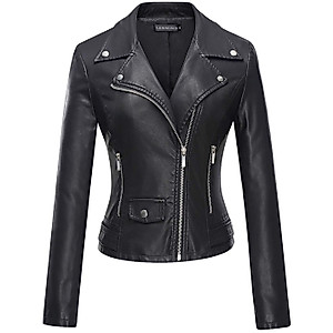 Tanming Women's Faux Leather Moto Biker Short Coat Jacket (Black-L)